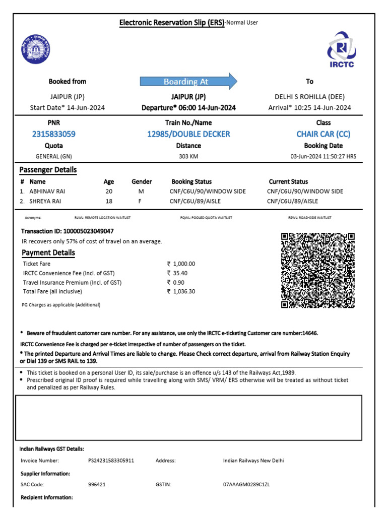 12985/double Decker Chair Car (CC) | PDF | Identity Document