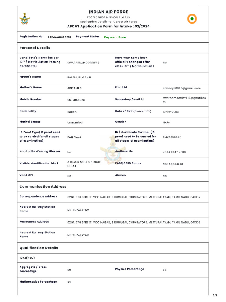 Application Form Afcat | PDF