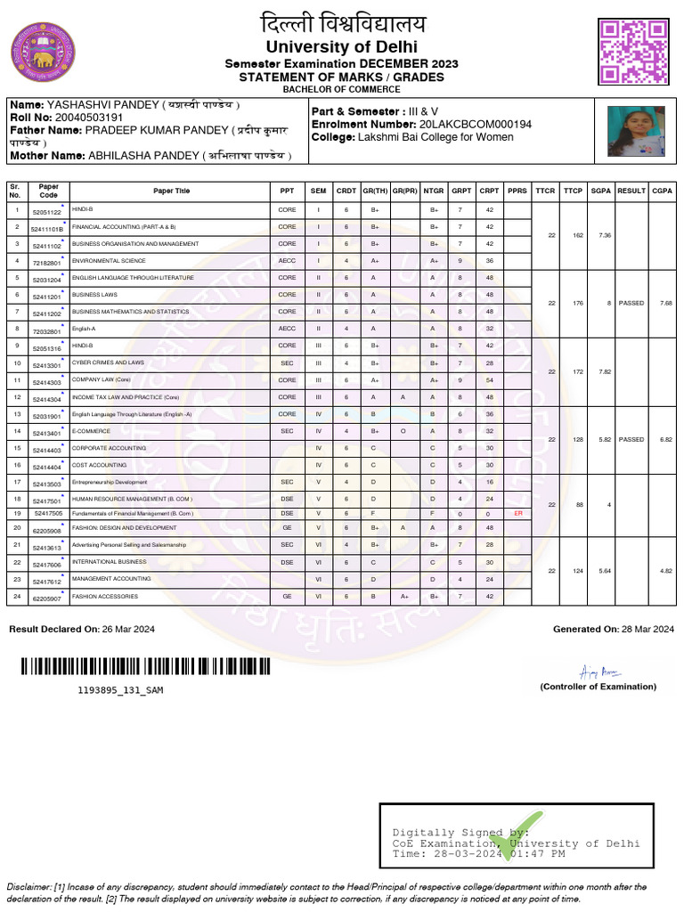 B.Com Semester Marks Statement 2023 | PDF | Economies | Business