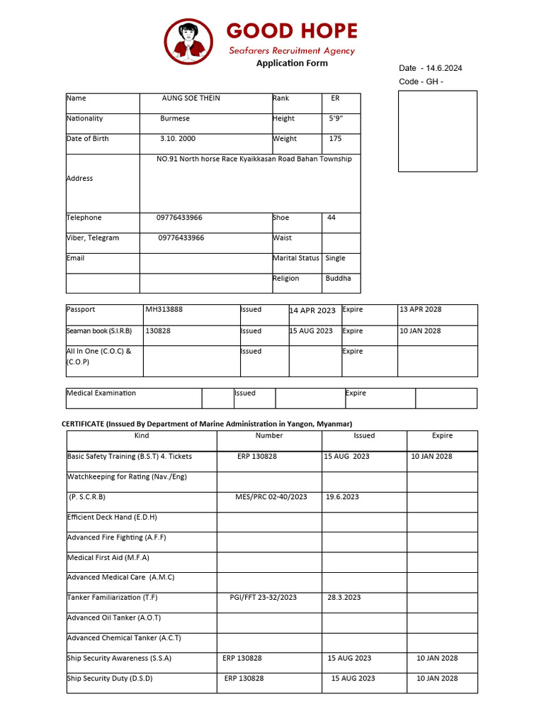 Good Hope CV Form Update | PDF | Shipping | Transport