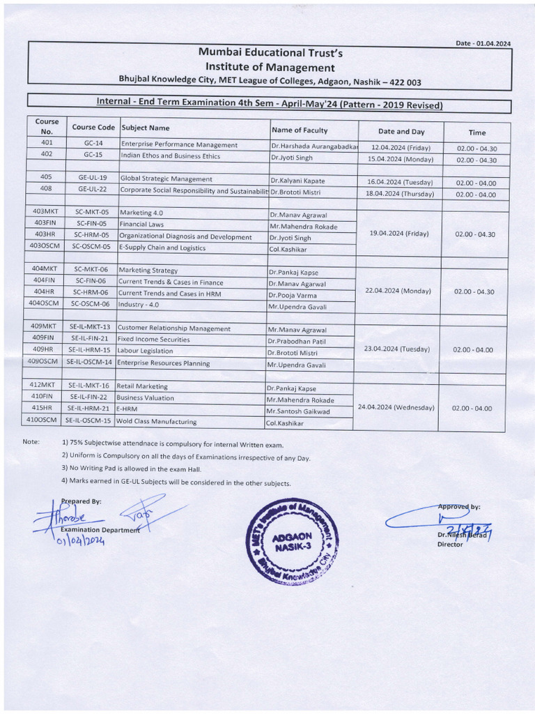 End Term Exam Time Table-Sem - IV Apr-May'2024 | PDF | Marketing | Business Intelligence