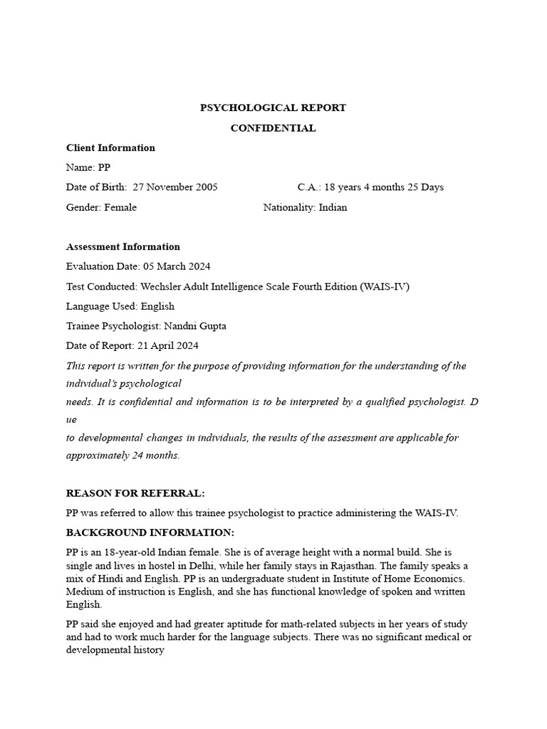 Sample Report PD | PDF | Wechsler Adult Intelligence Scale | Cognition