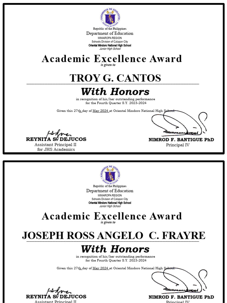 JHS Academic Excellence Award Full Size 1 | PDF | Philippines | High ...