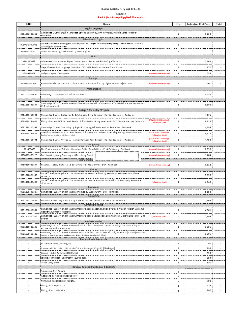 Books & Stationery List 24-25 - Grade X-1 | PDF