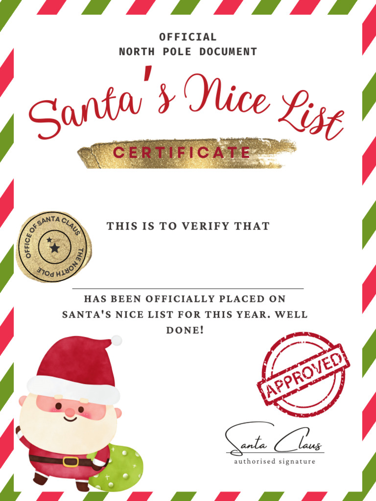 Gold Stamped Santa - S Official Nice List Certificate With Red - Green ...