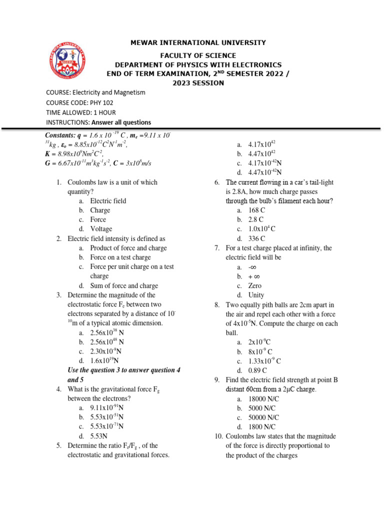 Phy 102 Second Semester Examination Question | PDF | Electromagnetic Radiation | Waves