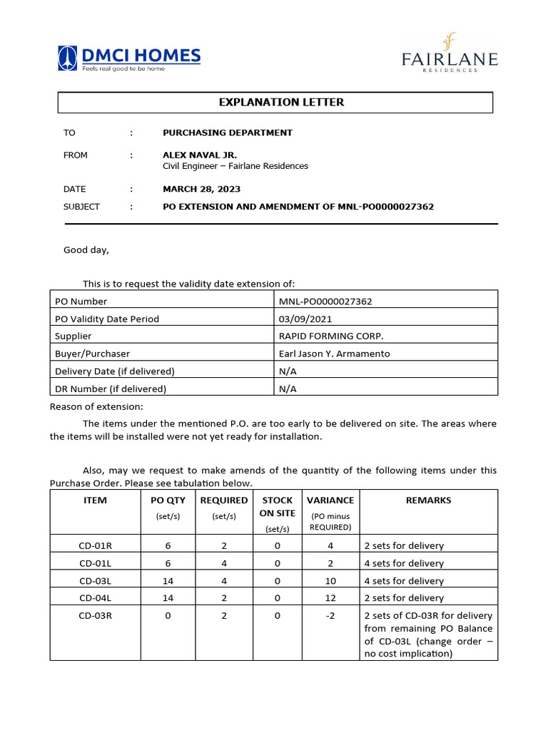 FLN - Explanation Letter For Mnl-Po0000027362 Change Order | PDF | Business