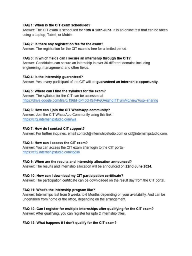 CIT Exam Details and Internship Info | PDF