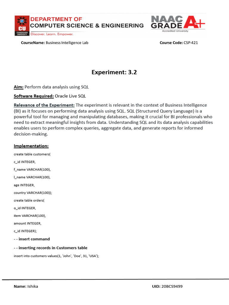 Ishika - BI Lab - Exp 9 | PDF | Sql | Information Science