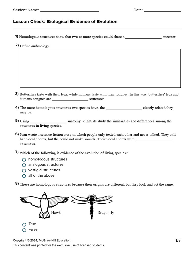 Lesson Check - Biological Evidence of Evolution | PDF | Homology ...