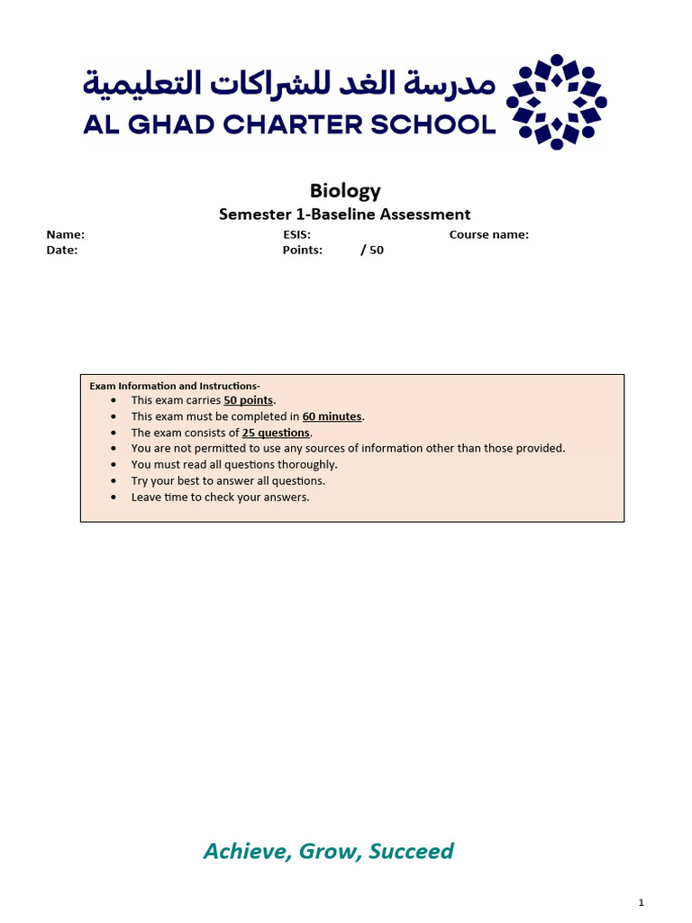 Biology Baseline Assessment | PDF | Cell (Biology) | Atoms