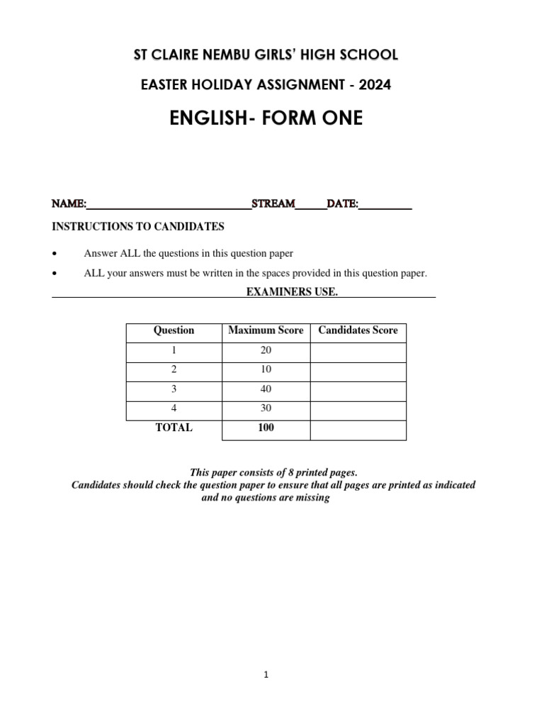 Form 1 English Assignment April 2024 Assignments - Form 1 - English ...