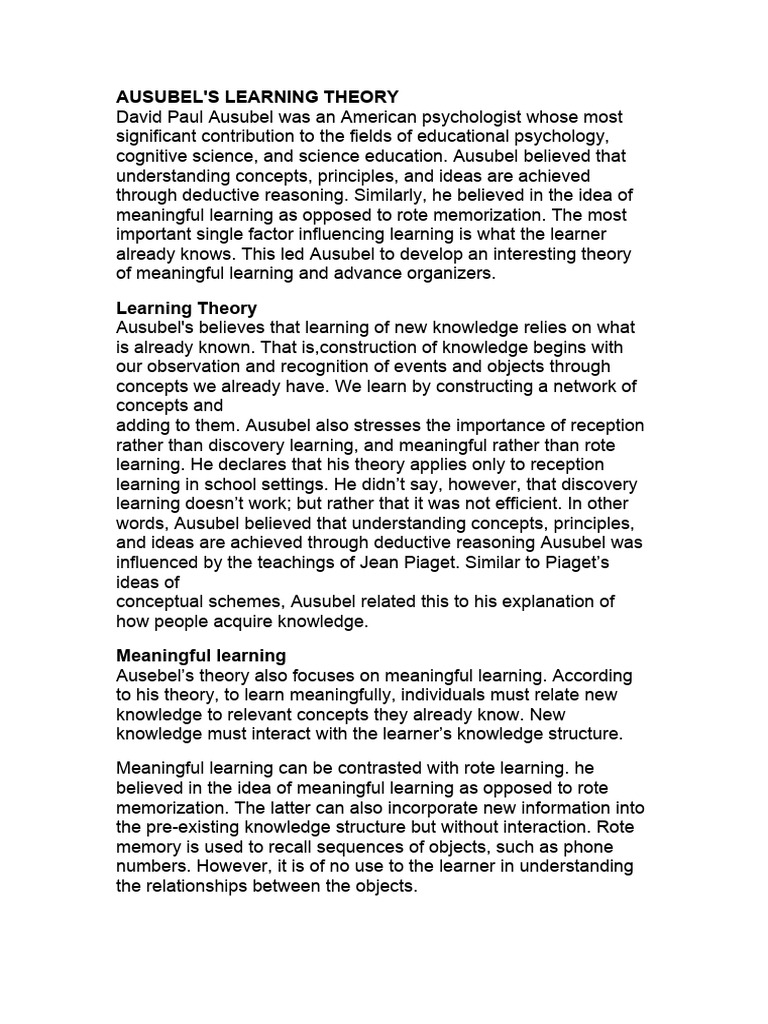Ausubel Learning Theory | PDF | Learning | Learning Theory (Education)
