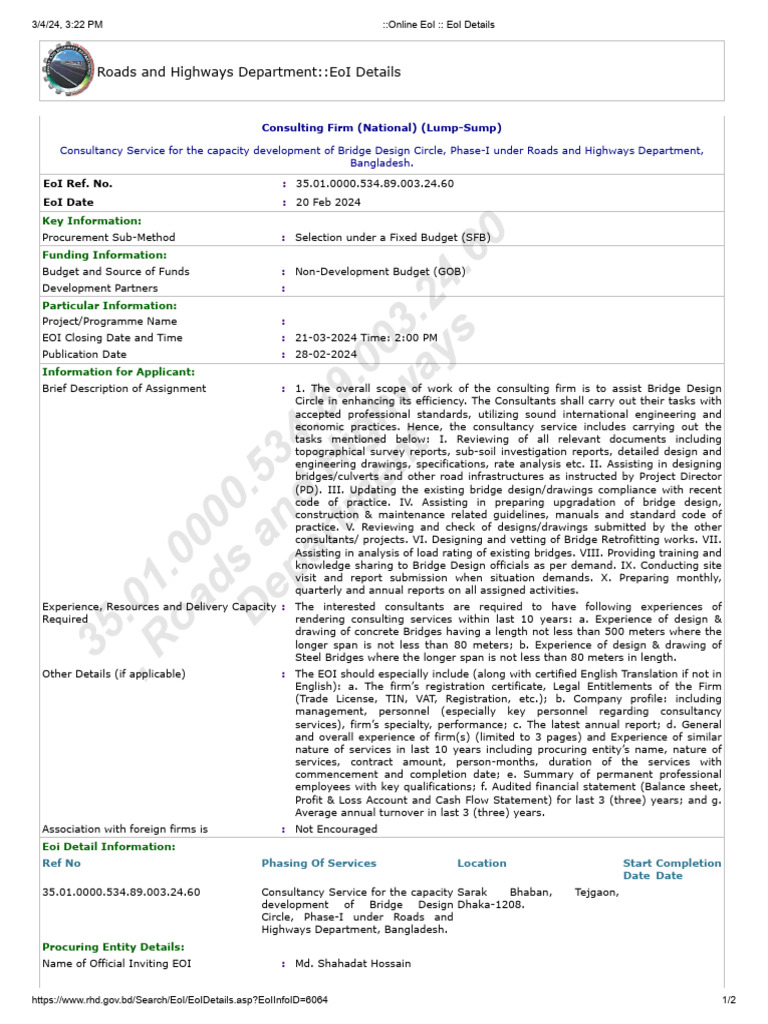 EOI Notice - Capacity Development of Bridge Design Circle, Phase-I - RHD | PDF | Consultant ...