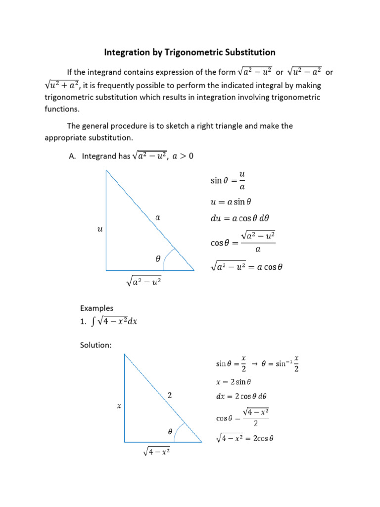 Integration By Trigonometric Substitution Pdf Trigonometric Functions Integral