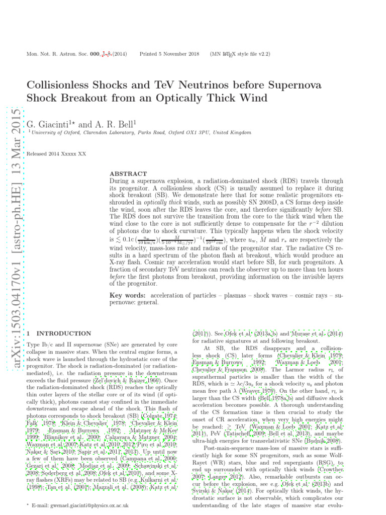 Collisionless Shocks and Tev Neutrinos Before Supernova Shock Breakout ...