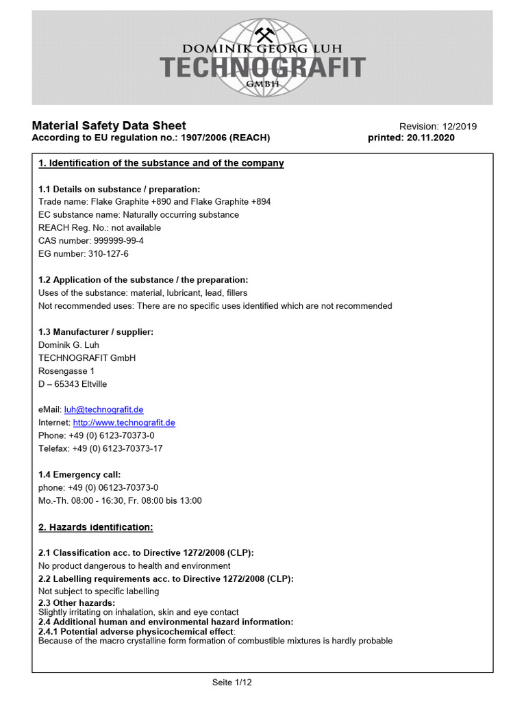 MSDS Flake Graphite 890 - 894 | Download Free PDF | Toxicity ...