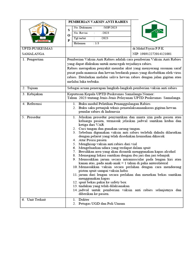 Sop Vaksin Anti Rabies | PDF