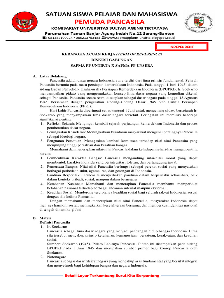 TOR Diskusi Gabungan (Hari Lahir Pancasila 2024) SAPMA PP UNTIRTA X ...