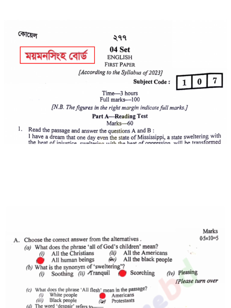 HSC English 1st Paper Question Answer Mymensign Board 2023 1 | PDF