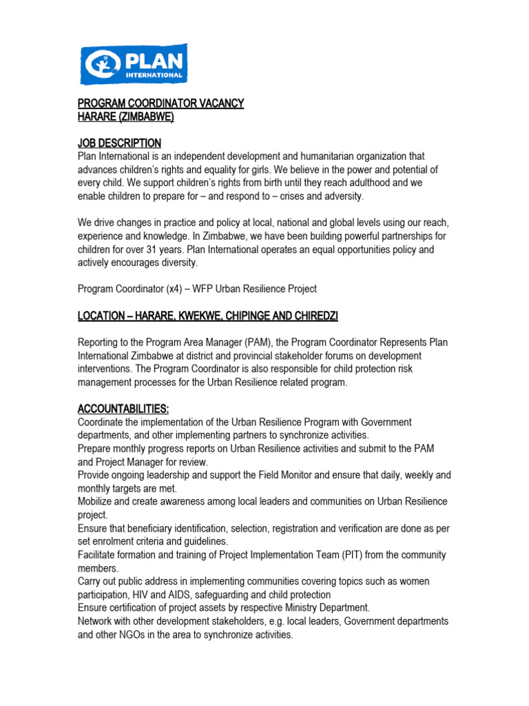 Program Coordinator Job Description PLAN | PDF | Leadership | Psychological Resilience