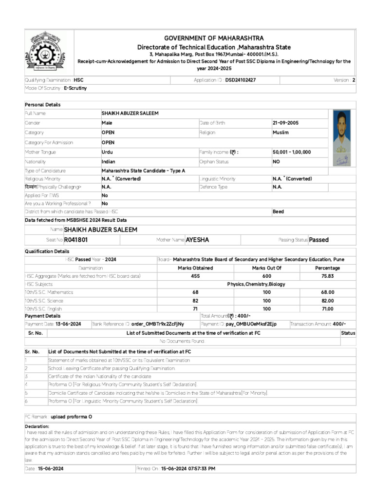 Receipt Cum Acknowledgement Polytechnic.. | PDF | Educational Stages | Vocational Education