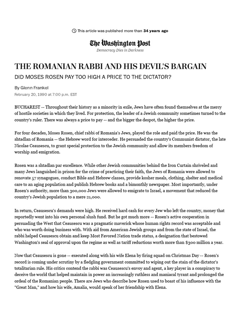 THE ROMANIAN RABBI AND HIS DEVIL'S BARGAIN - The Washington Post | PDF ...