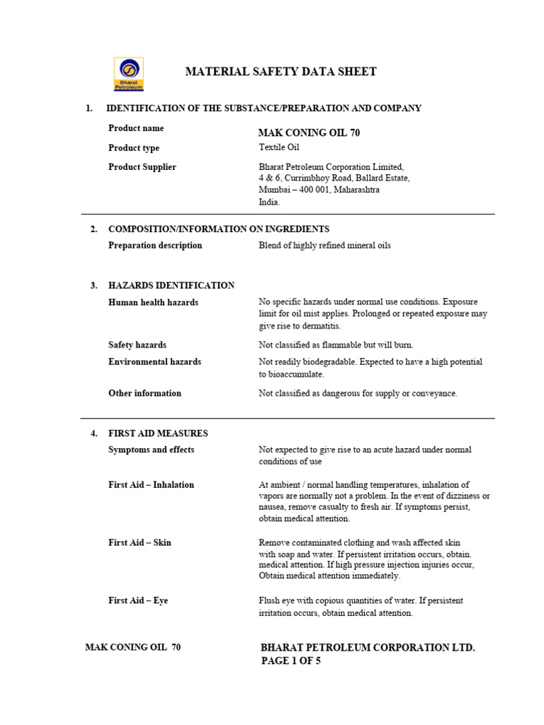 MAK Coning Oil 70-MSDS | PDF | Personal Protective Equipment | Water