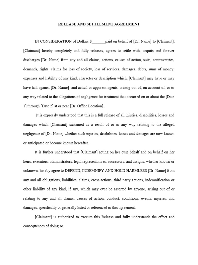 Sample Release and Settlement Agreement - General Form 2021 | PDF ...