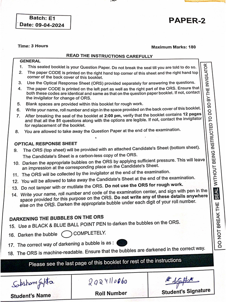 Jee advanced paper-2 | PDF