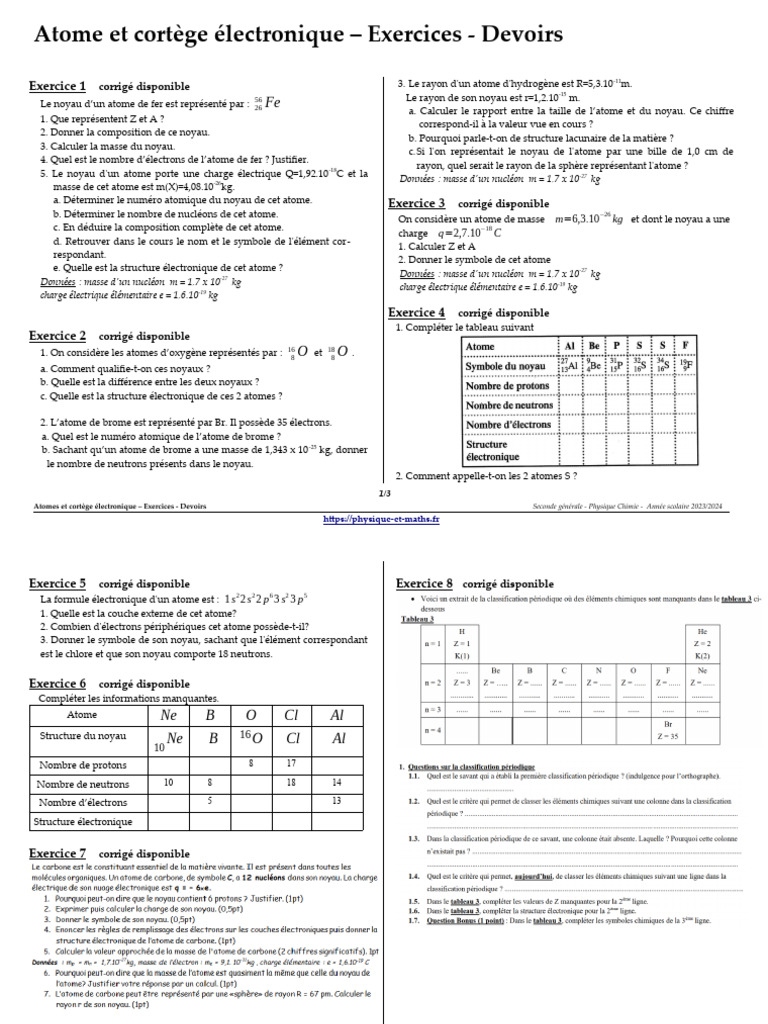 Seconde Générale - Atome Et Cortège Électronique - Exercices - Devoirs | PDF | Atomes | Noyau ...