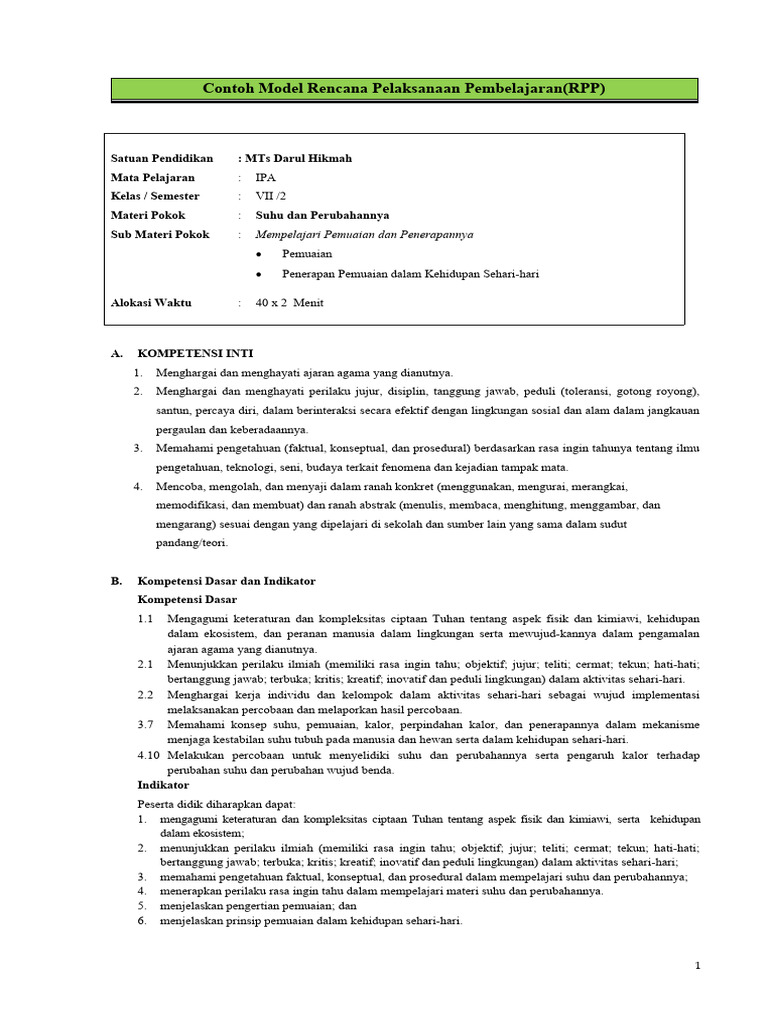 RPP IPA 7 Bab 2 KP 2 - Mempelajari Pemuaian dan Penerapannya | PDF