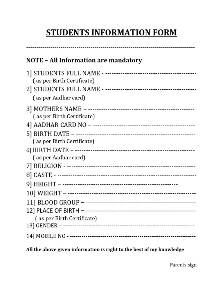 Students Information Form | PDF