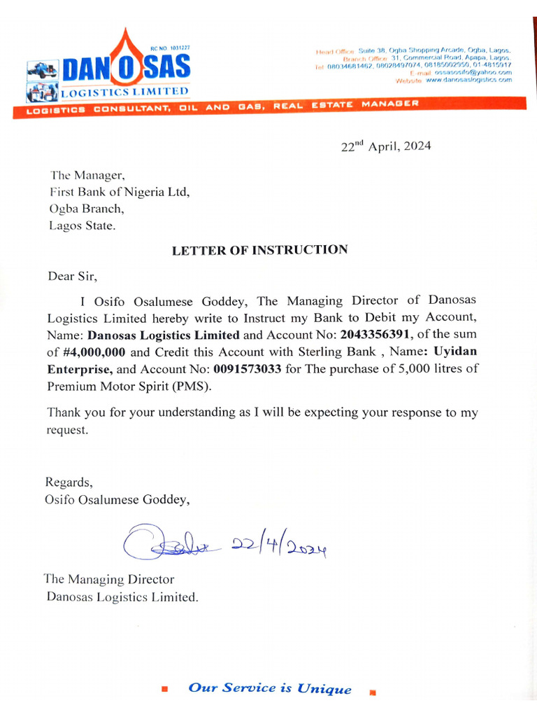 Letter of Instruction (22nd April) | PDF
