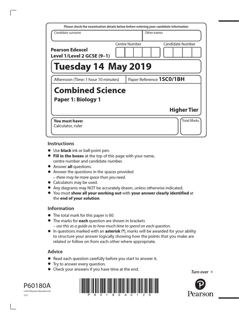 Edexcel GCSE Combined Science Biology Higher Paper 1 QP | PDF | Biology ...