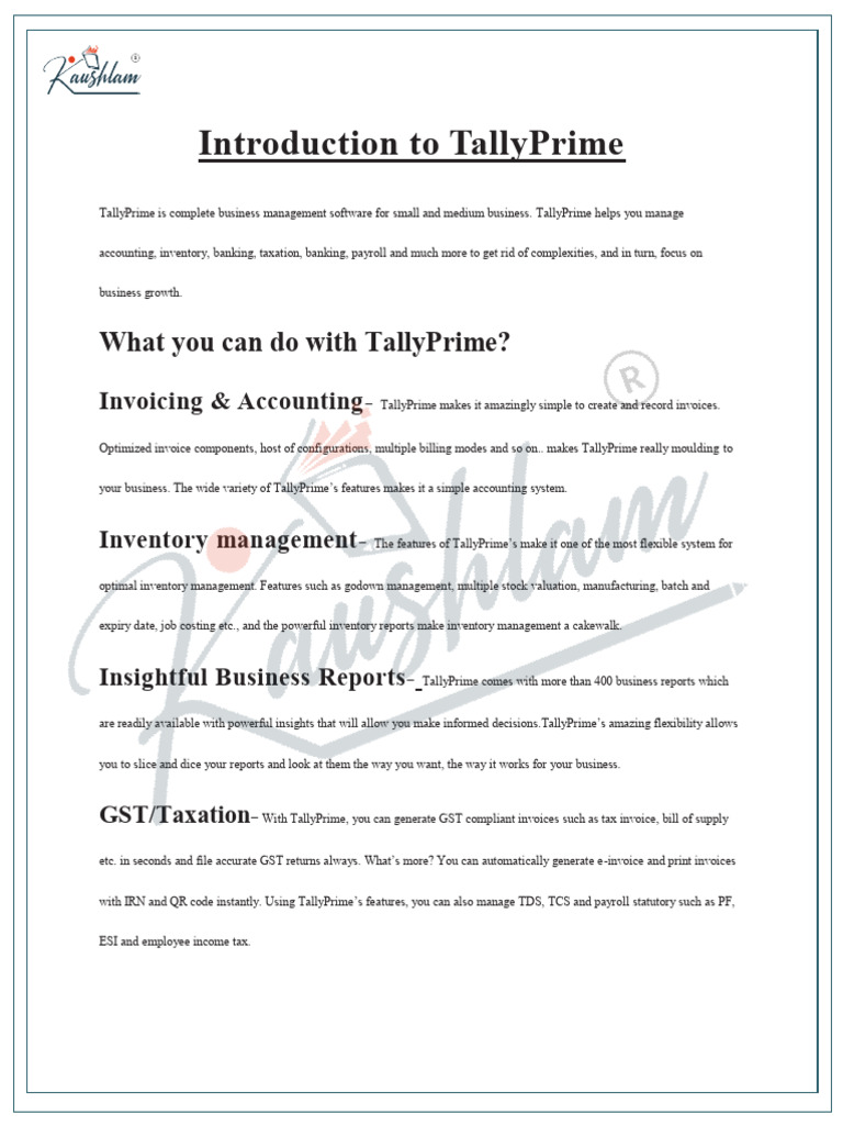 Chapter 1 - Introduction To Tally Prime Free | PDF | Inventory | Cursor ...
