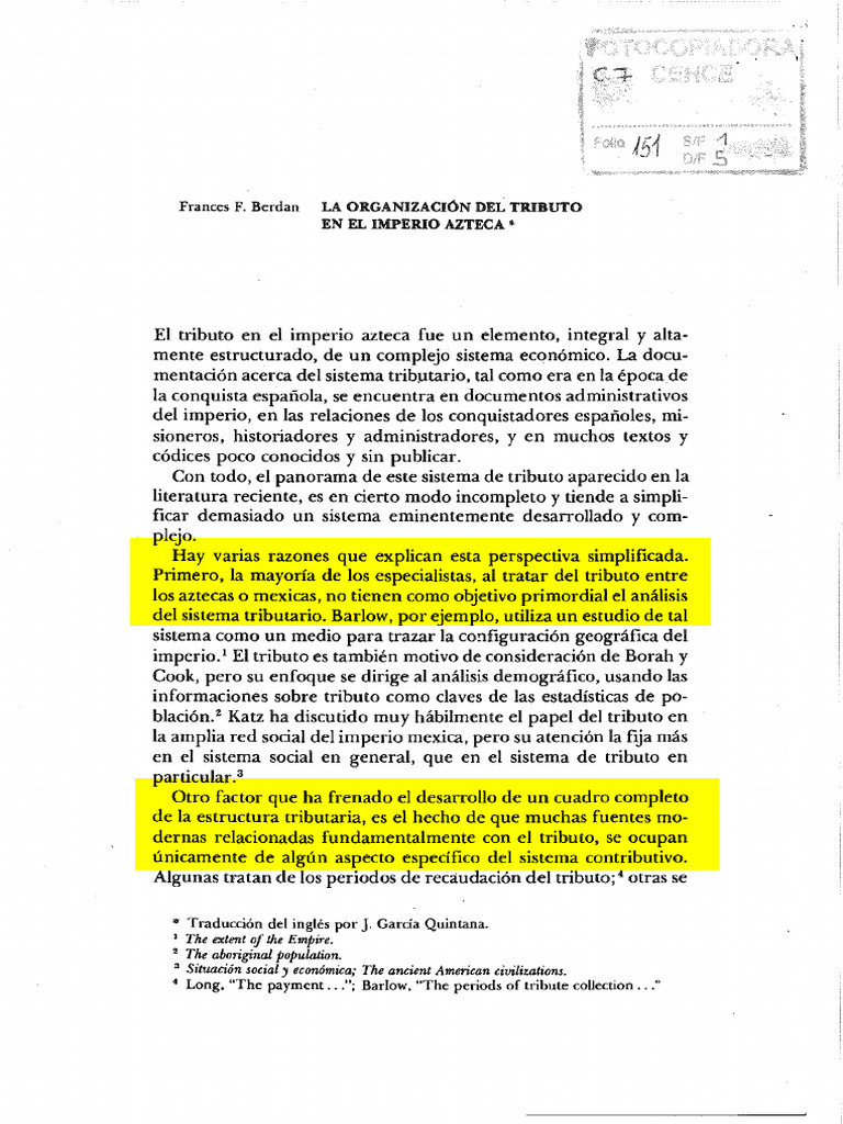 BERDAN, Frances "La Organización Del Tributo en El Imperio Azteca ...