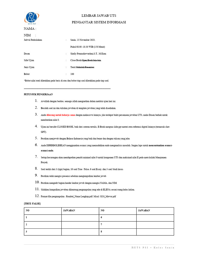 LEMBAR JAWAB UTS PSI - Kelas Senin | PDF
