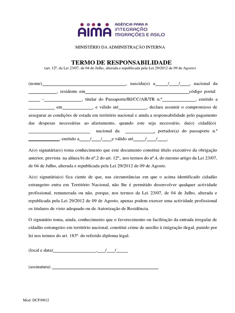 AIMA - 0003-Termo de Responsabilidade Viagem (CARTA CONVITE) | PDF | Direito