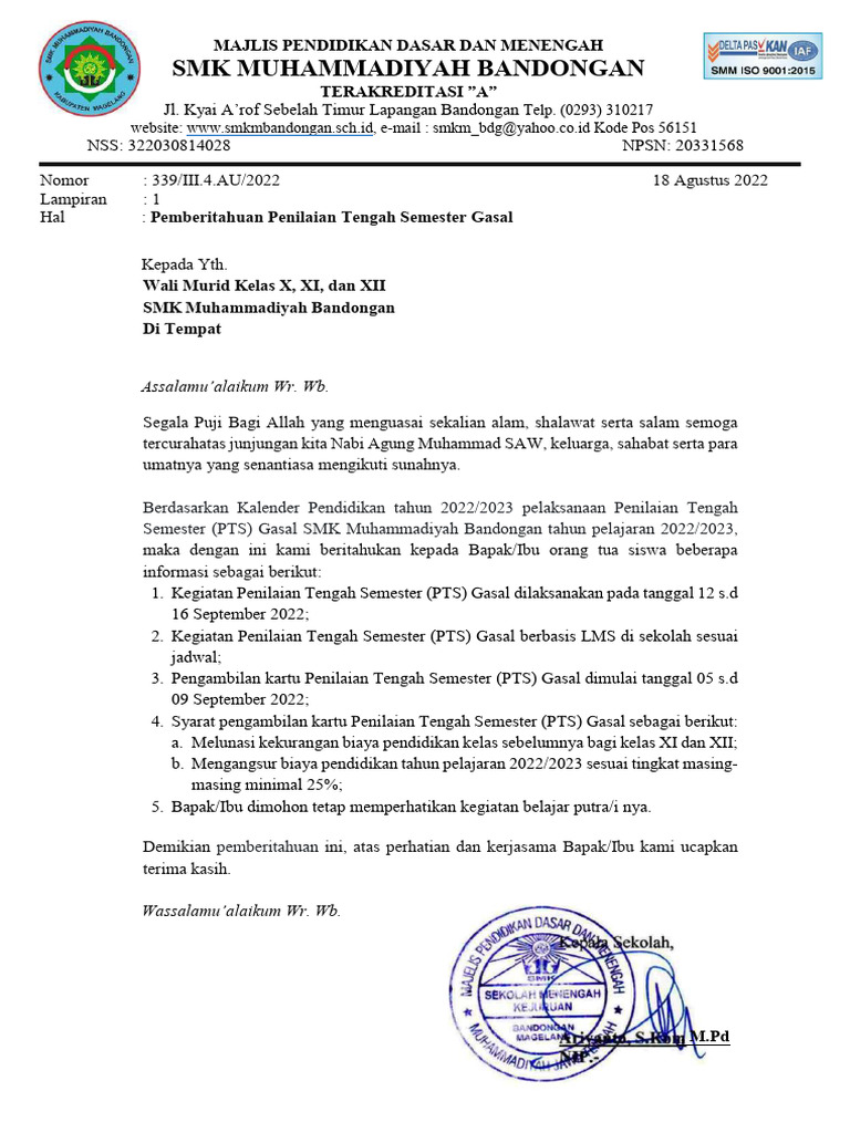 Surat Pemberitahuan Pts | PDF