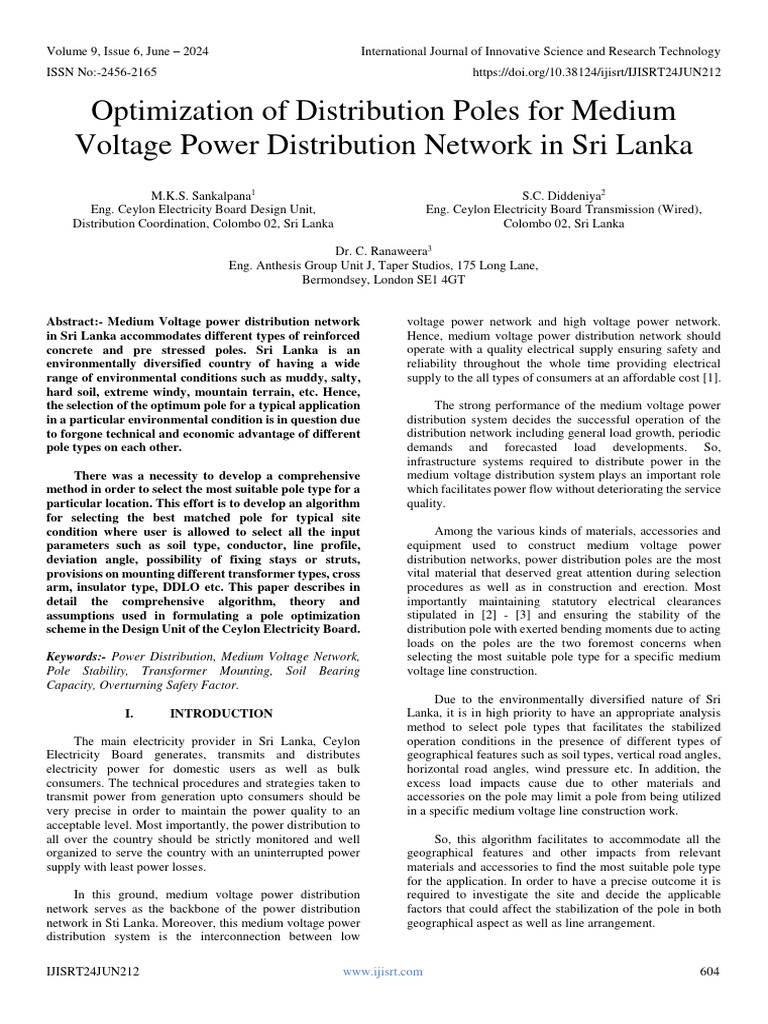 Optimization of Distribution Poles For Medium Voltage Power Distribution Network in Sri Lanka ...