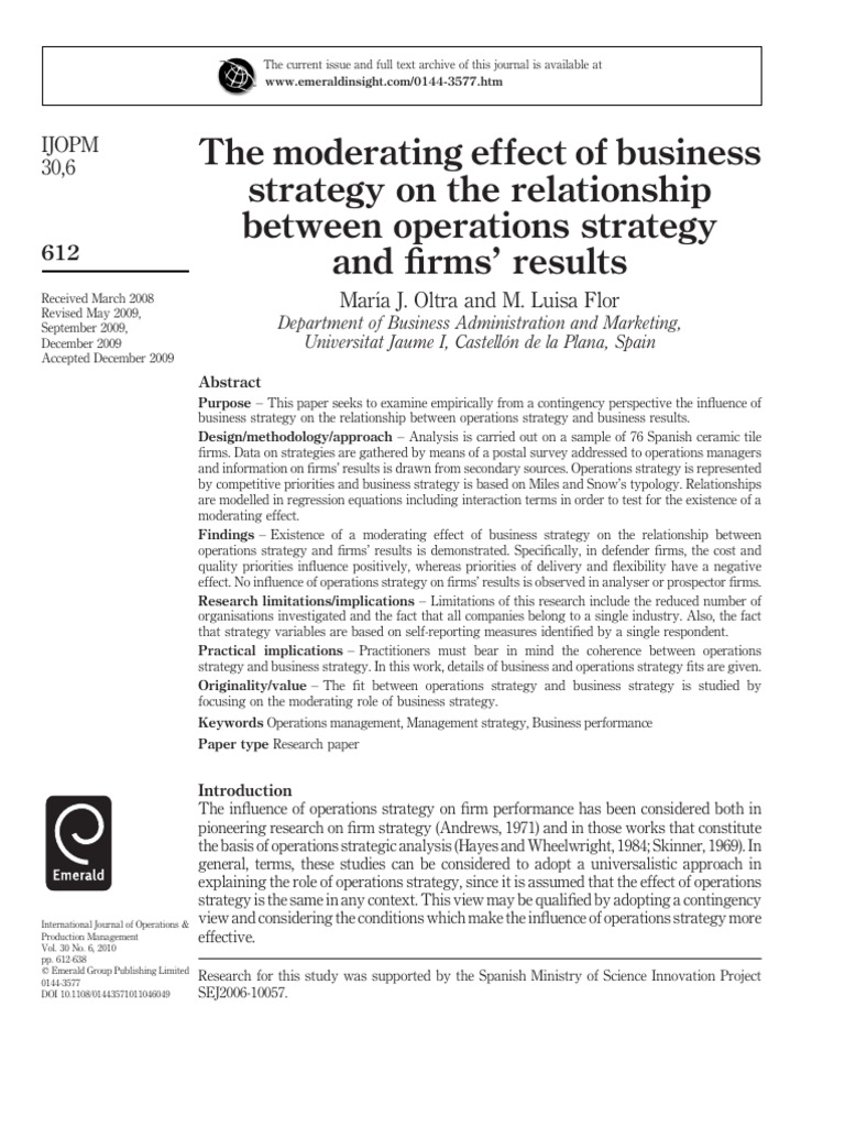 The Moderating Effect of Business Strategy On The Relationship Between Operations Strategy and ...