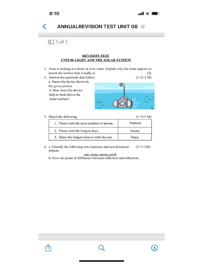 Science Unit-6 Revision Test and Answer Key | PDF