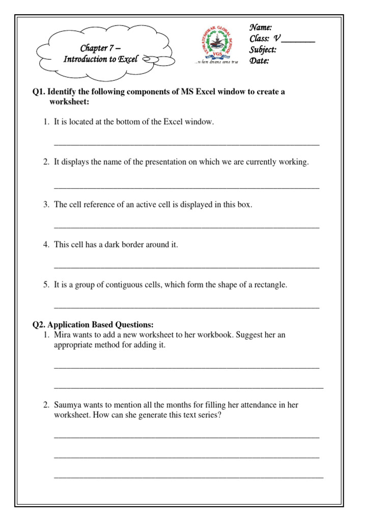 Class V Computer Worksheet Ch-7 | PDF | Microsoft Excel | Worksheet