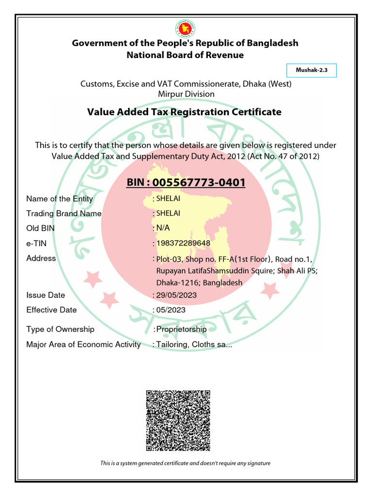 Mushak-2.3 BIN Certificate On 29.MAY.2023 | PDF