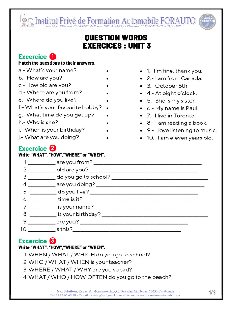 Question Words Exercices UNIT 3 | PDF | Language Arts & Discipline