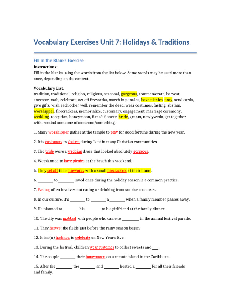 Combined Vocabulary Exercises Unit 7 | PDF | Wedding | Engagement
