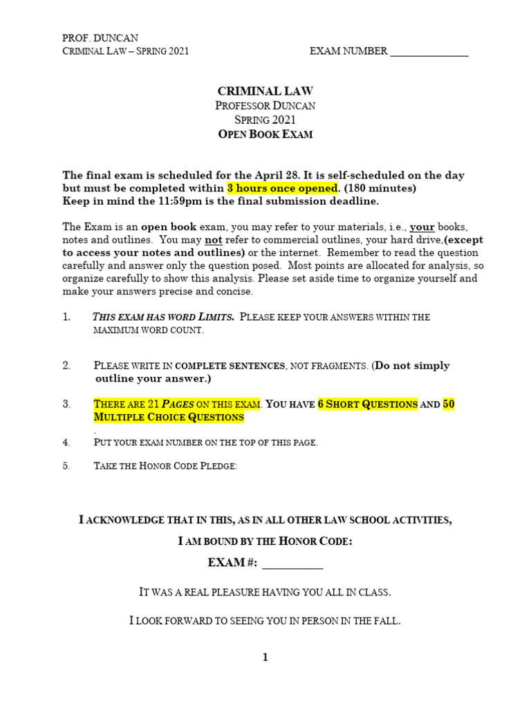 Criminal Law Exam FINAL - SP2021 Duncan | PDF | Murder | Manslaughter