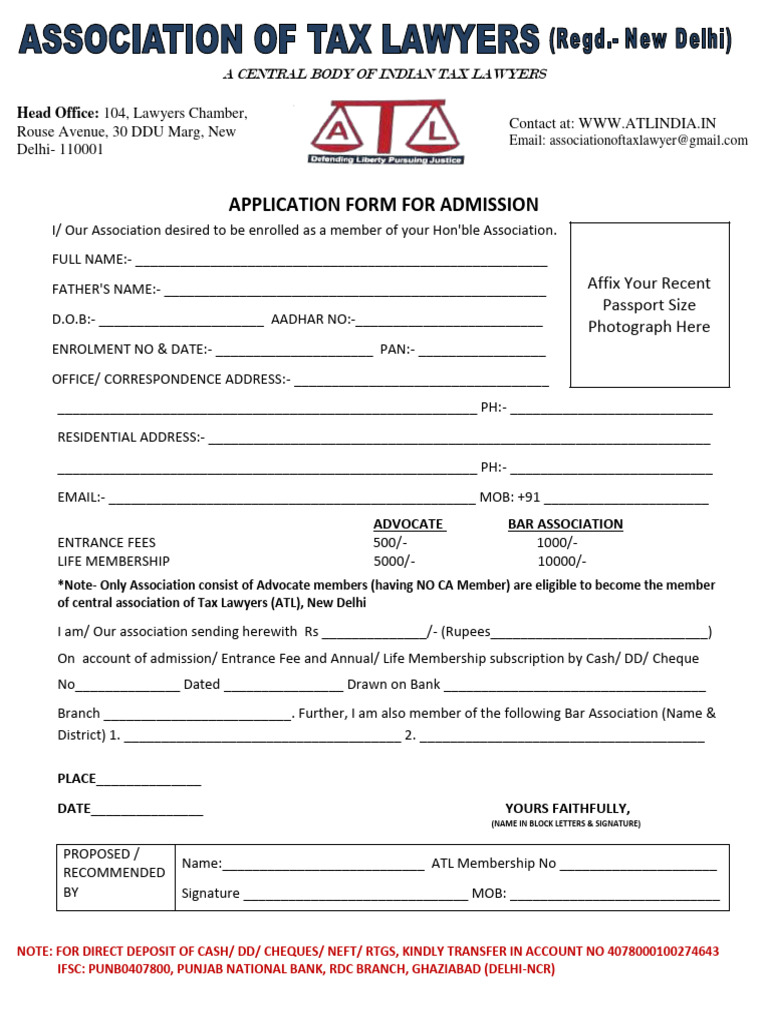 APPLICATION FORM FOR ADMISSION IN ATL | PDF | Banking | Financial Services