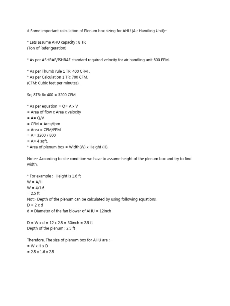 AHU Plenum Box Sizing Calculation | PDF